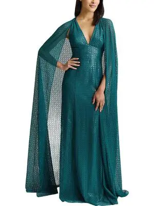 St. John Lace Overlay Metallic Gown - Emerald