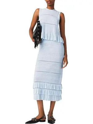 Maje Long Ruffled Knit Skirt - Blue Sky