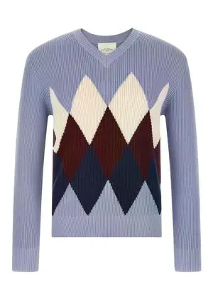 BALLANTYNE V-neck Argyle Jacquard Sweater - Blue