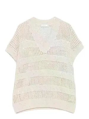 Peserico V-neck Short-sleeve Open-knit Top - Neutrals