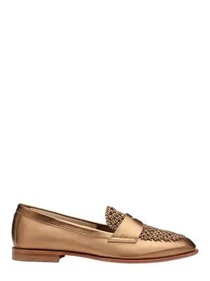 Santoni Laminated Leather Penny Loafer With Woven Toe - Gold