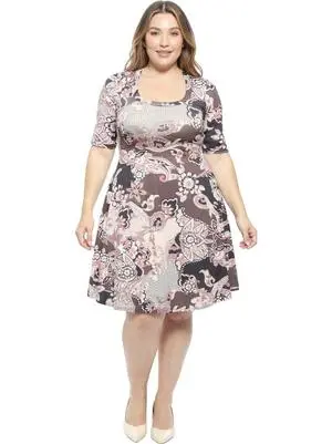 24SEVEN COMFORT APPAREL Paisley Print Scoop Neck Knee Length A-line Dress - Brown Multi