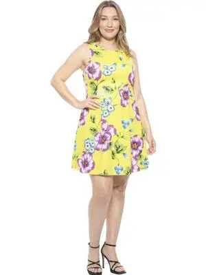 24SEVEN COMFORT APPAREL Floral Print A-line Mini Shift Dress - Yellow Multi