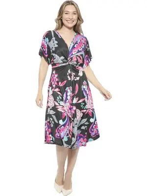 24SEVEN COMFORT APPAREL Paisley V-neck A-line Midi Dress - Black Multi