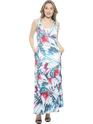 24SEVEN COMFORT APPAREL Butterfly Sleeveless Scoop Neck A-line Maxi Dress With Pockets - Blue Multi