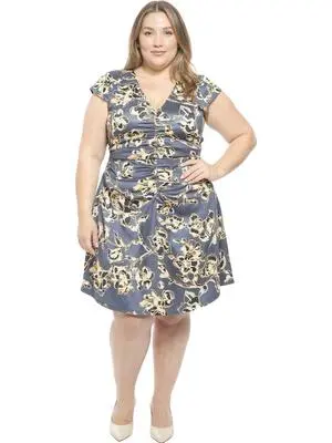 24SEVEN COMFORT APPAREL Floral V-neck Knee Length Dress - Grey Multi