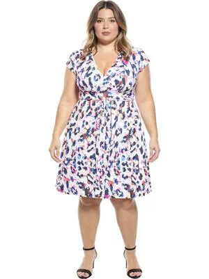 24SEVEN COMFORT APPAREL Animal Print V-neck A-line Dress - White Multi