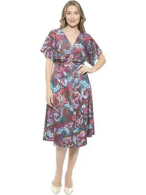 24SEVEN COMFORT APPAREL Abstract Print V-neck Dolman Sleeve Midi Dress - Brown Multi