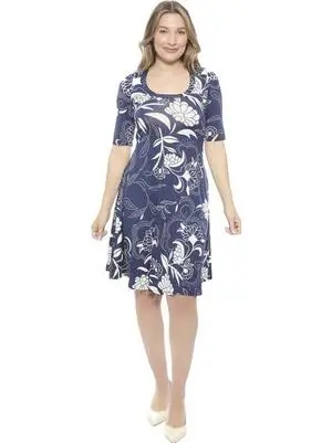 24SEVEN COMFORT APPAREL Floral Print A-line Knee Length Dress - Navy Multi