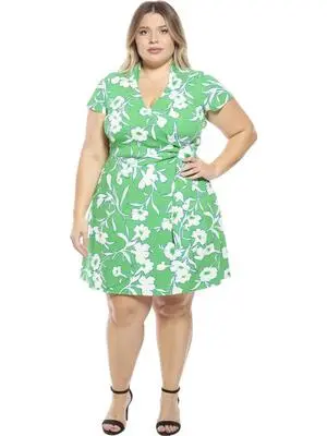 24SEVEN COMFORT APPAREL Floral Print Knee Length Wrap Dress - Green Multi