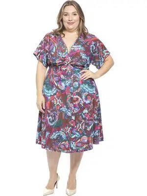 24SEVEN COMFORT APPAREL Abstract Print V-neck Dolman Sleeve A-line Midi Dress - Brown Multi