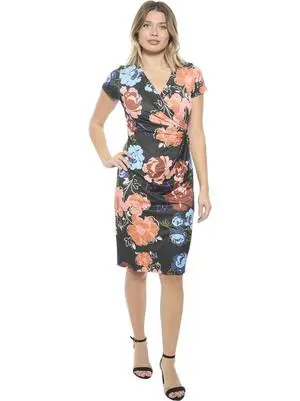 24SEVEN COMFORT APPAREL Floral V-neck Faux Wrap Knee Length Dress - Black Multi