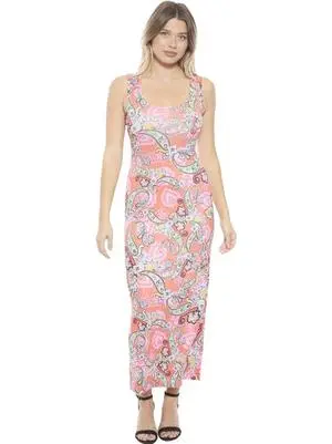 24SEVEN COMFORT APPAREL Paisley Scoop Neck Sleeveless Racerback Tank Maxi Dress - Orange Multi