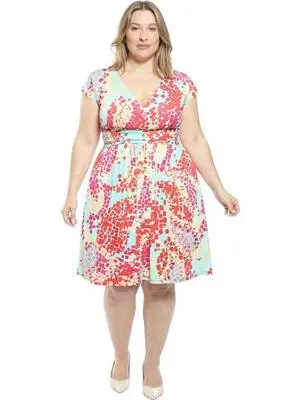 24SEVEN COMFORT APPAREL Abstract V-neck Cap Sleeve A-line Knee Length Pocket Dress - Blue Multi