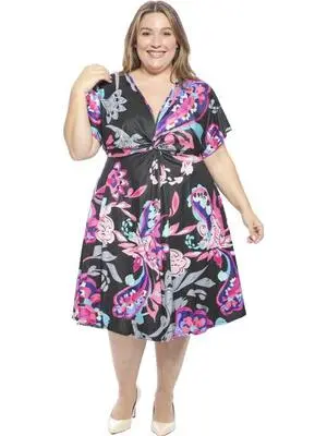 24SEVEN COMFORT APPAREL Paisley V-neck Dolman Sleeve Twist Front A-line Midi Dress - Black Multi