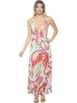 24SEVEN COMFORT APPAREL Abstract Sleeveless A-line Maxi Dress - Blue Multi