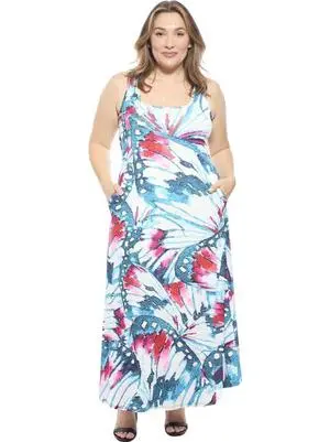 24SEVEN COMFORT APPAREL Butterfly Sleeveless Scoop Neck A-line Pocket Maxi Dress - Blue Multi