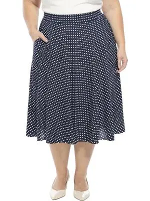 24SEVEN COMFORT APPAREL Polka Dot A-line Midi Skirt With Pockets - Navy Multi