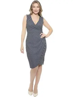 24SEVEN COMFORT APPAREL Striped V-neck Faux Wrap Tulip Hem Midi Dress - Navy Multi