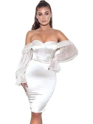 MISS CIRCLE Satin Off-shoulder Puff Sleeve Dress - White