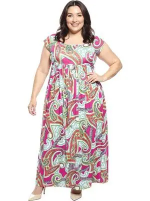 24SEVEN COMFORT APPAREL Paisley Print Square Neck A-line Maxi Dress - Pink Multi