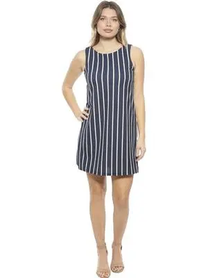 24SEVEN COMFORT APPAREL Striped Sleeveless Mini Shift Dress - Navy Multi