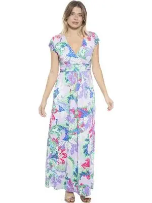 24SEVEN COMFORT APPAREL Abstract V-neck Maxi Dress - Purple Multi