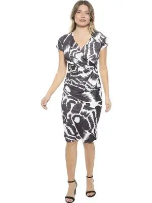 24SEVEN COMFORT APPAREL Abstract V-neck Faux Wrap Dress - Black Multi