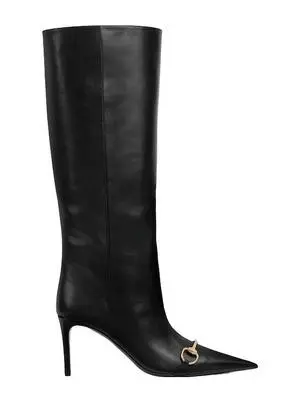 GUCCI Gucci Black Leather Pointed Toe Knee High Stiletto Boots With Horsebit Detail