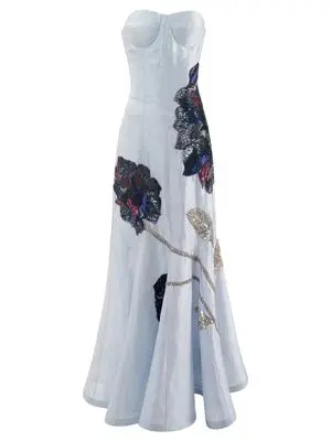 LA FUORI Strapless Floral Appliqué Gown - Blue