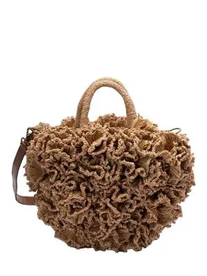 IBELIV Raffia Handbag With Floral Embellishments - Nude