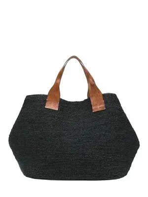 IBELIV Woven Tote Bag With Leather Top Handles Black