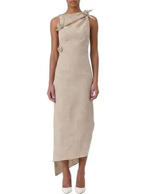 Coperni Asymmetrical Linen Dress With Appliqu - Beige