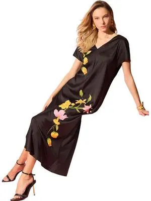 Natori Satin Essentials Embroidered Caftan - Black