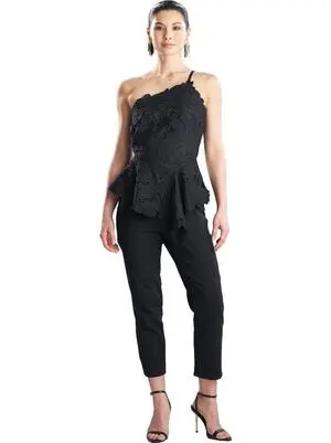 Natori Floral Lace Asymmetric Halter Top - Black