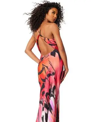 Natori Butterfly Print Linen Blend Slip Dress - Red