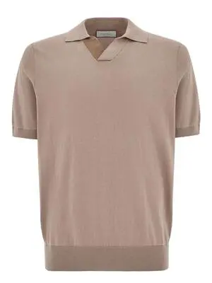 Canali Taupe Cotton Modal Polo Shirt With Leather Details - Beige