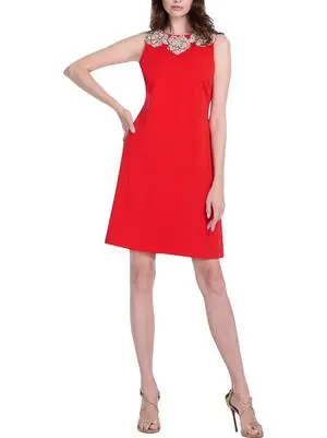EMILY SHALANT Crystal Floral Cocktail Shift Dress - Tomato