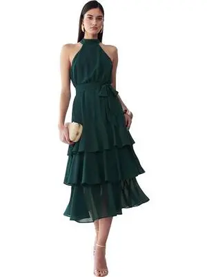 BWLDR Tony Midi Dress With Tiered Skirt And Belt - Emerald