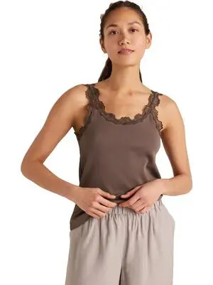 HAVEN WELL WITHIN Organic Cotton Rib Knit Lace Tank - Deep Mocha