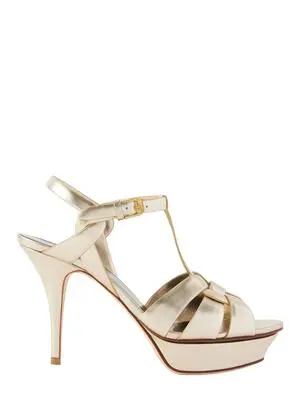 Saint Laurent Tribute Woven Metallic Leather Platform Sandals Silver