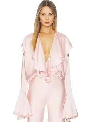 Norma Kamali Long Sleeve Deep V Ruffle Bodysuit - Ballet Pink