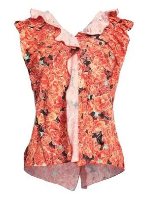 High Floral-print Cotton Top - Orange