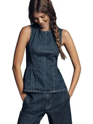 Maeve Denim Peplum Sleeveless Top - Medium Denim