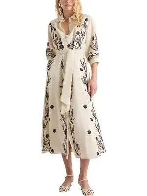 Marella Banda Embroidered Linen Shirt Dress - Cream