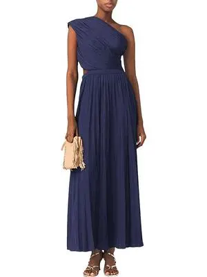 Maje Asymmetric Pleated Maxi Dress - Navy