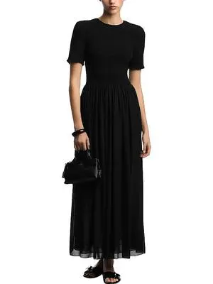 Emporio Armani Smocked Bodice Techno Georgette Midi Dress - Black