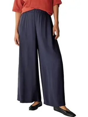 Eileen Fisher Silk Georgette Crepe Wide Ankle Pants - Ink