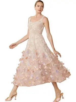MAC DUGGAL COLLECTION Sleeveless Embellished Midi Dress With 3d Floral Appliques - Pink