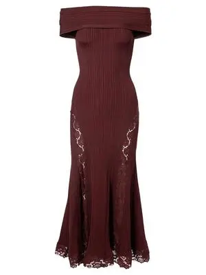 SELF-PORTRAIT Lace Trimmed Off-shoulder Midi Dress - Burgundy